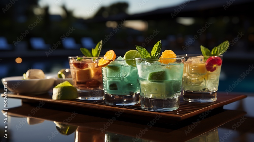 Spanish limeinfused tropical sorbet served floating pool tray alongside ...