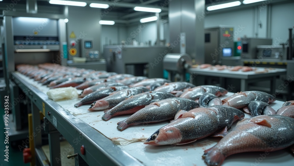 Fresh fish on conveyor in modern seafood plant industrial clean ...