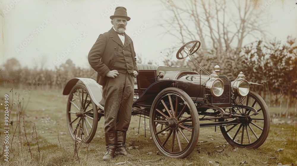 Vintage photo of a man on the background of the world's first car ...