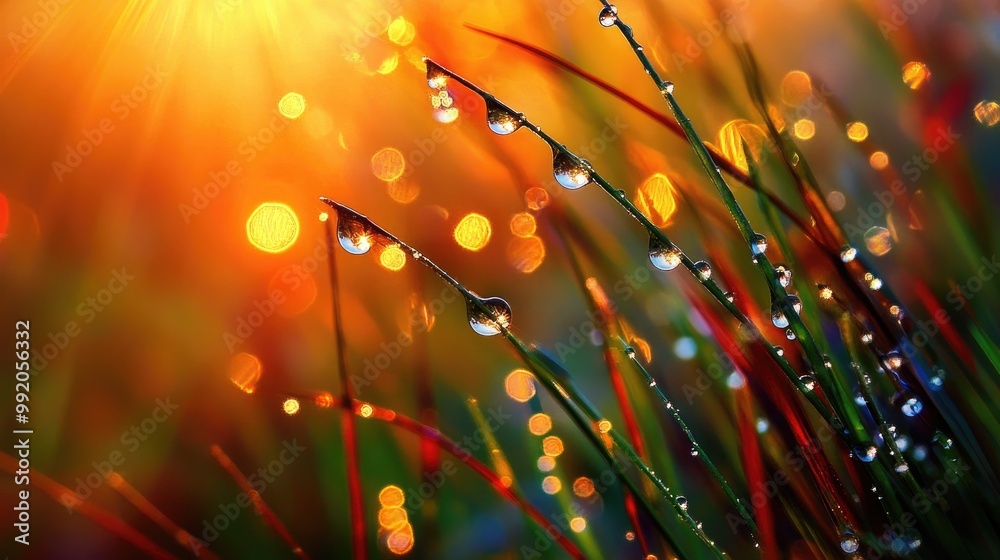 Sparkling dew drops on vibrant green, yellow, and red grasses ...