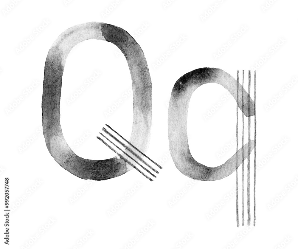 Modern black and white watercolor illustration of uppercase and ...