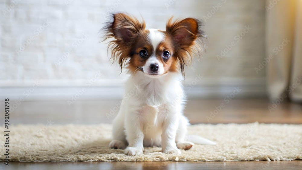 Cute Papillon puppy next to a wet spot on the carpet, looking ...