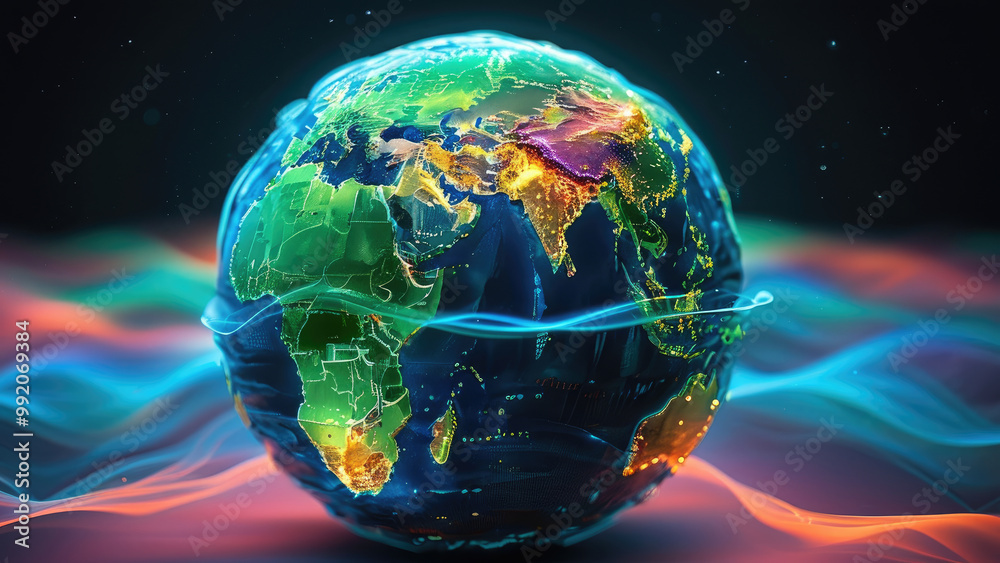 3D Globe: Illuminated Wave Patterns Circling the Sphere Stock ...