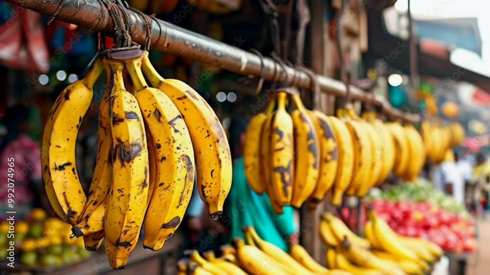 Bananas are hanging on a metal bar in a bustling market. Banana is a ...