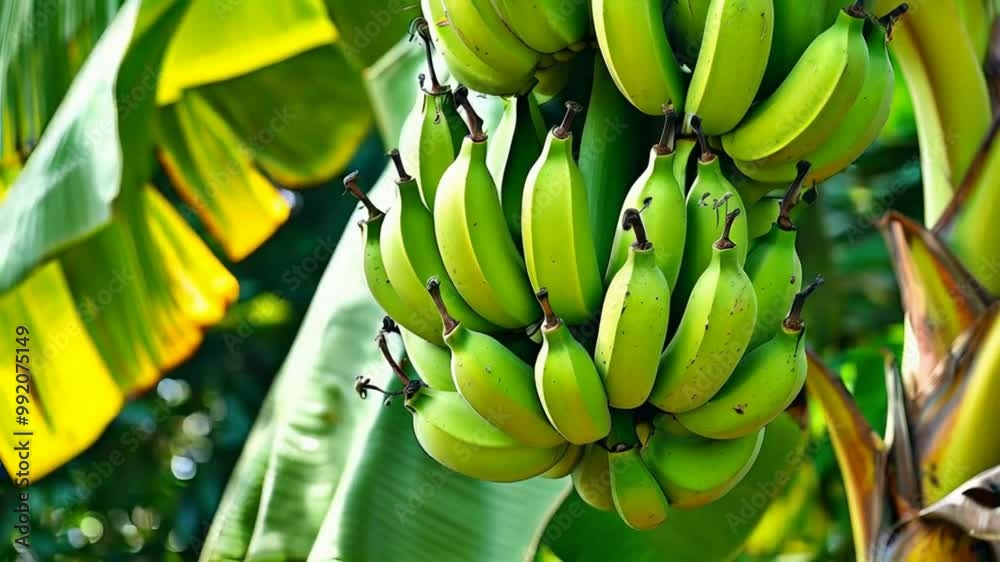 Bananas are hanging on a banana tree. Banana is a tropical, yellow ...