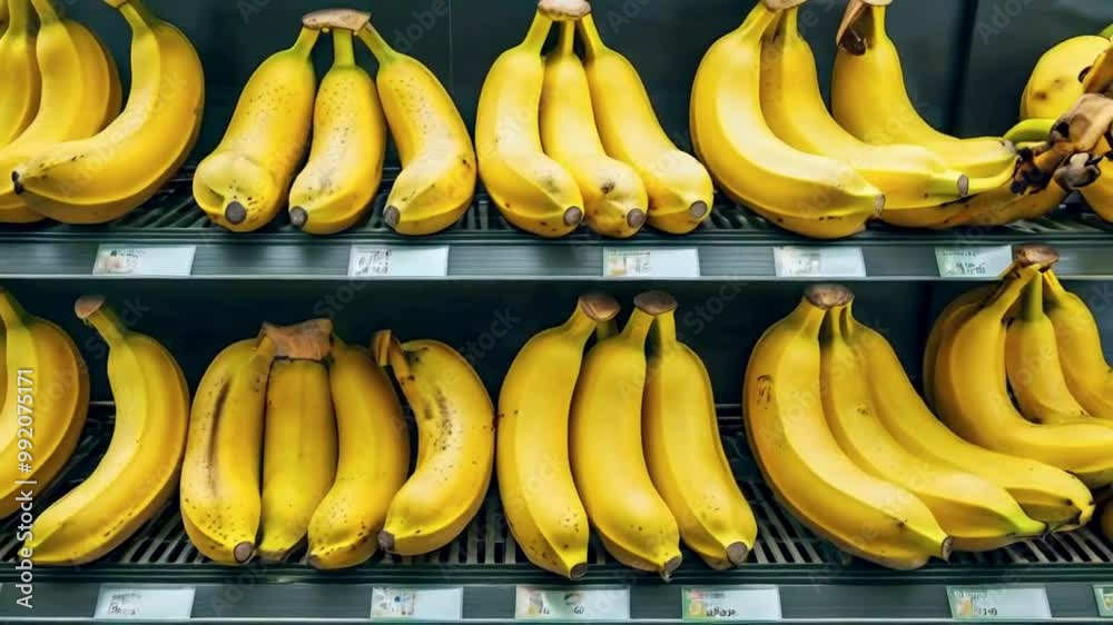 Bananas in supermarkets. Banana is a tropical, yellow, elongated fruit ...