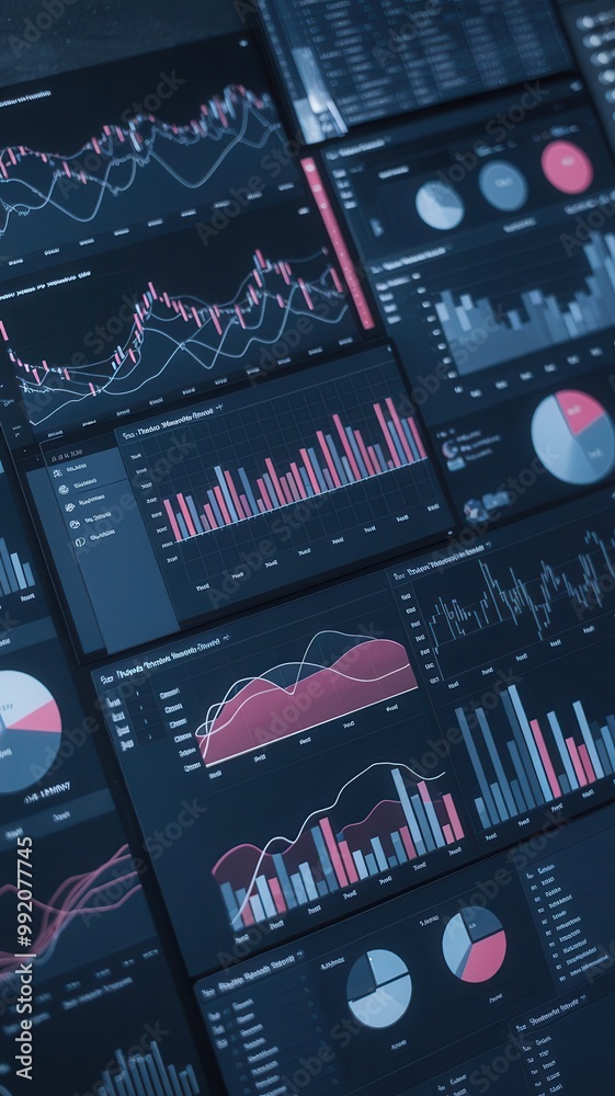 Multiple digital dashboards displaying charts, graphs, and financial data analytics Stock ...