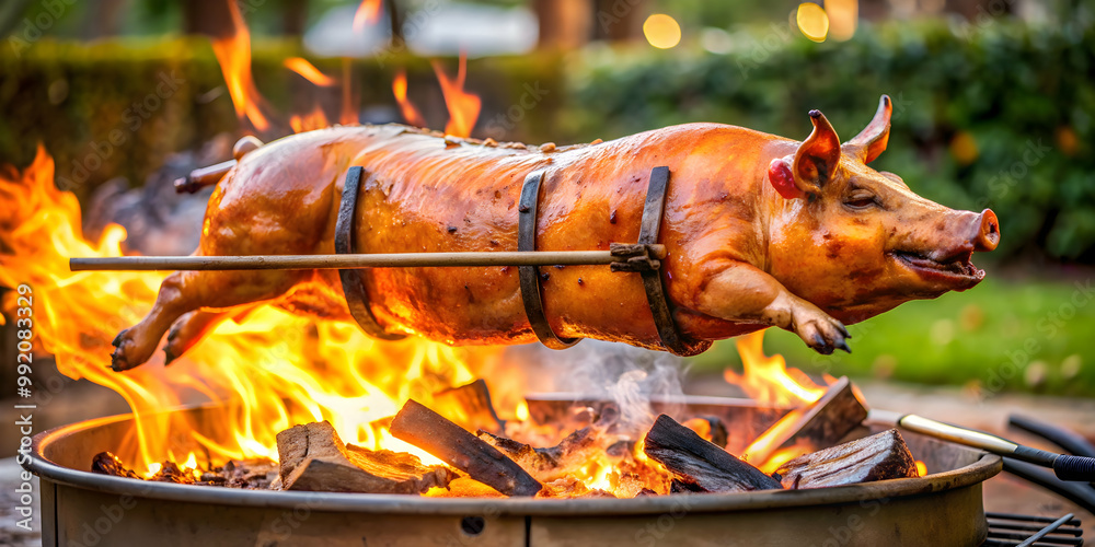 Traditional pig roast BBQ with a whole pig over a fire pit, barbecue ...