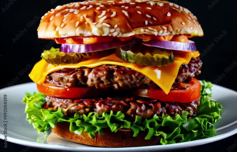 Layered juicy double cheeseburger with fresh lettuce, tomatoes, onions ...
