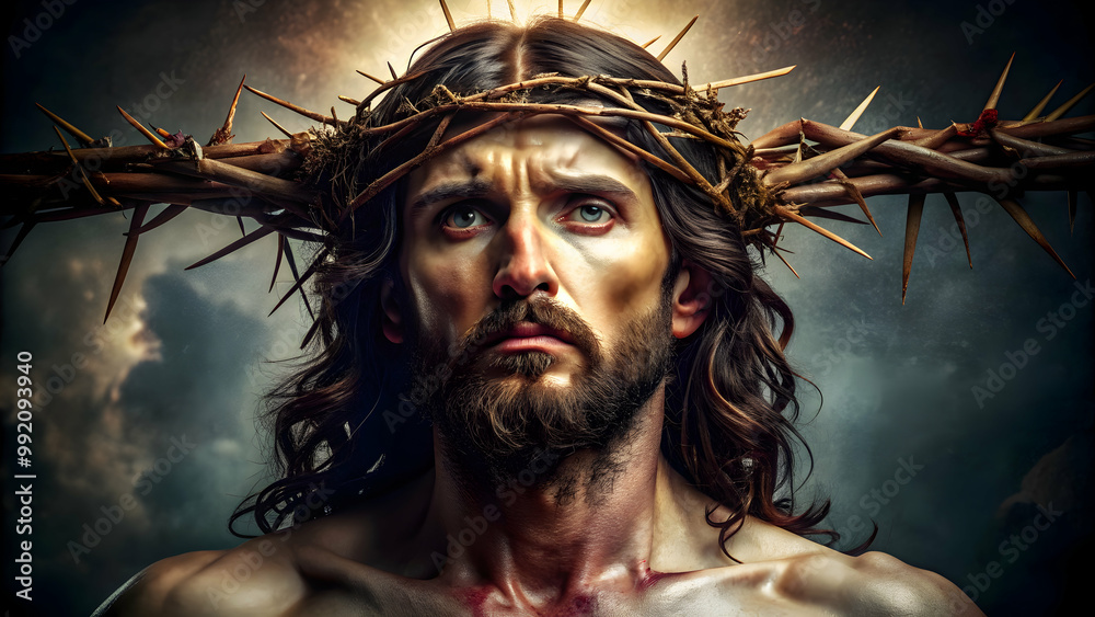 Jesus Christ crucified on the cross with a crown of thorns ...