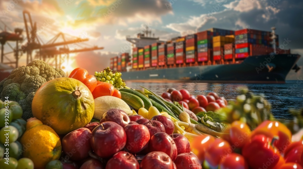 Cargo ship in the middle of the sea and close-up baskets with fruits ...