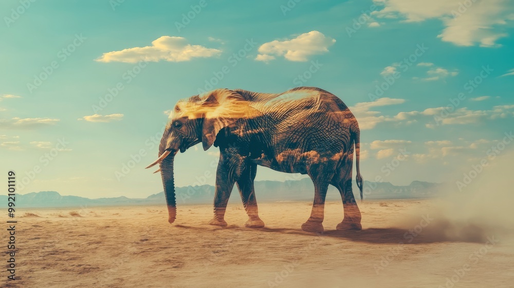 An elephant walks across a barren desert, with a brilliant sky filled with clouds. Tones of dust ...