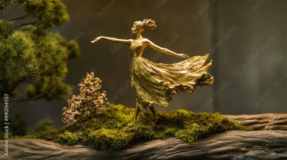 Depict a regal sculpture of a golden-scaled dancer, in a calm and ...