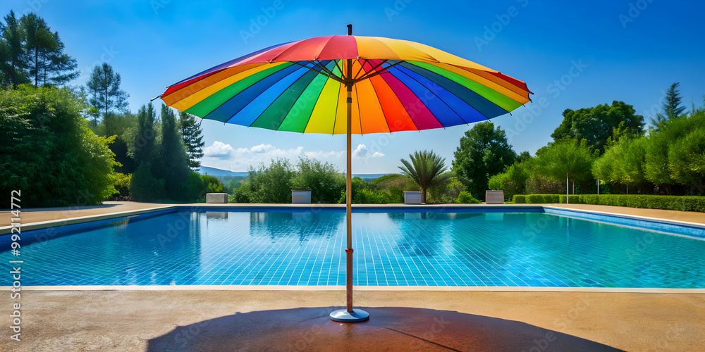Colorful parasol providing shade at a poolside, parasol, swimming pool ...