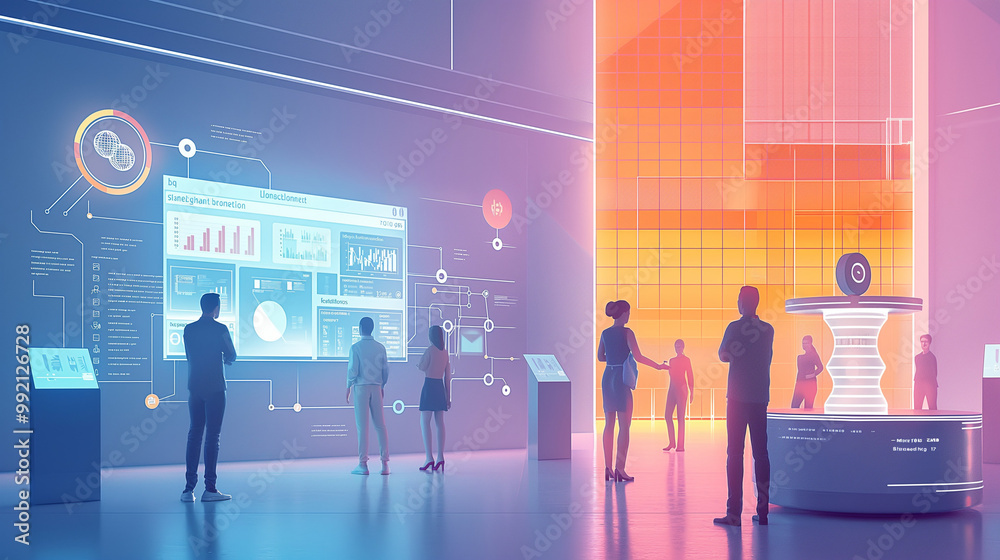 A modern seminar room with participants engaging with interactive ...