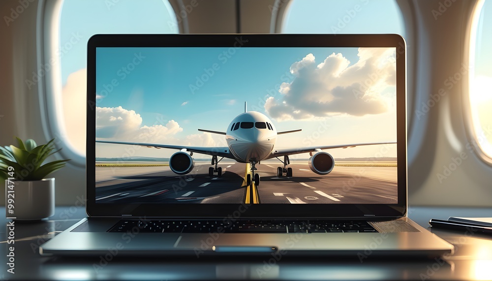 Futuristic airliner jet emerging from laptop screen, representing ...
