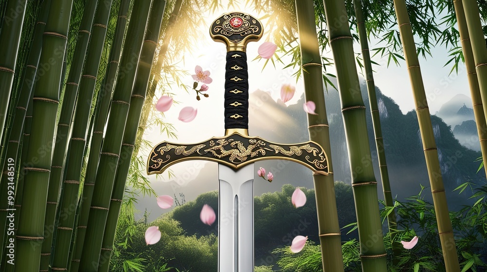 Epic sword with golden dragon engravings standing upright in a bamboo ...