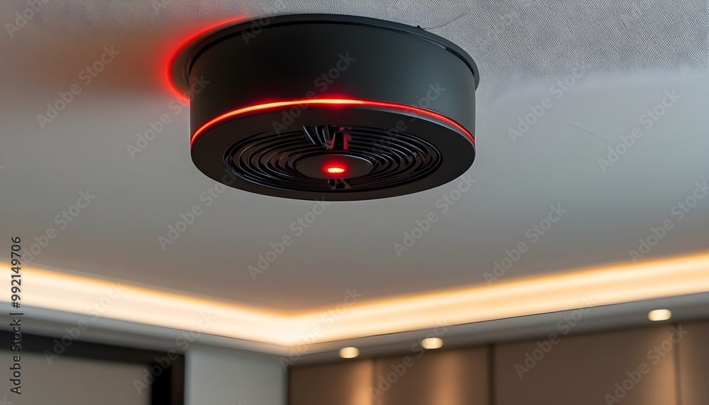 Smoke Detector with Red Warning Light in Hazy Room Signaling Fire ...