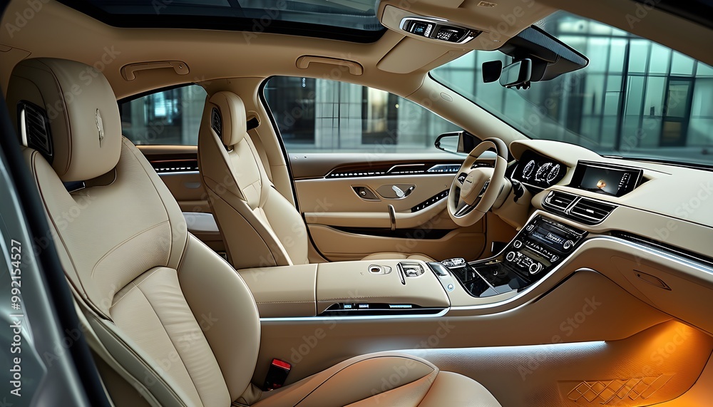 Elegant luxury car interior featuring refined leather, ambient lighting ...