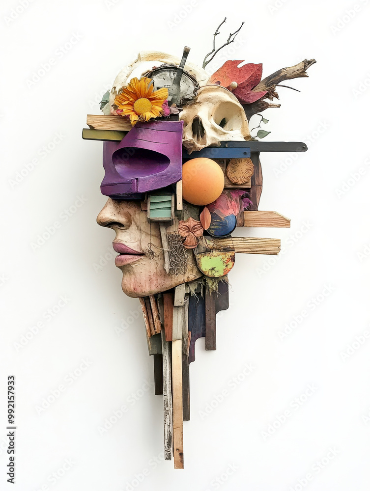 A creative mix of materials forms a modern art sculpture that explores ...