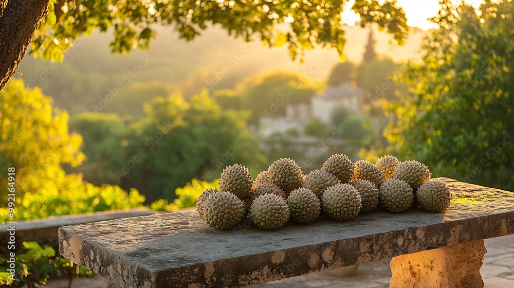 Custard apples resting a stone bench in a garden courtyard with soft ...