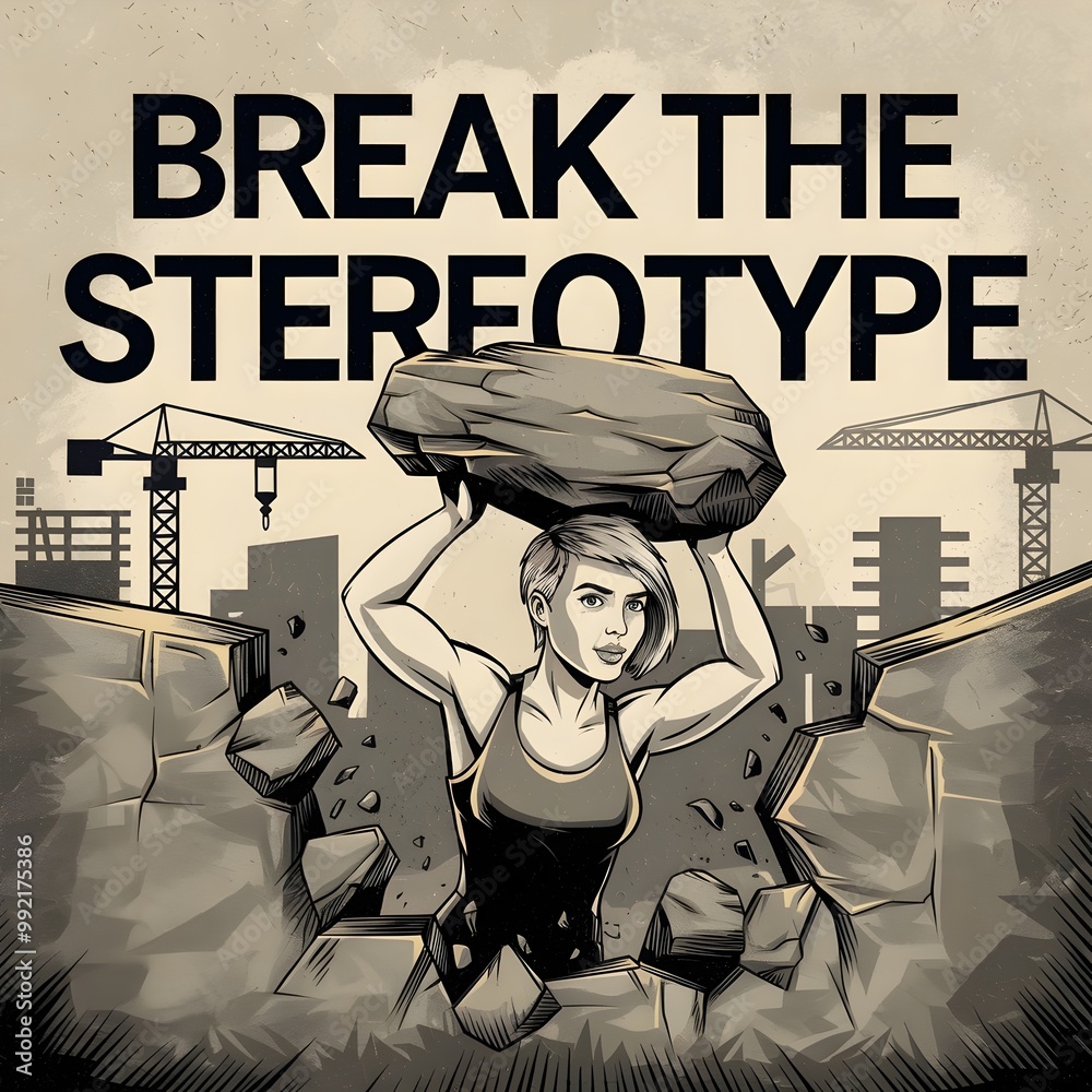 Break the Stereotype, woman lifting heavy rock and breaking concrete barrier, background with ...