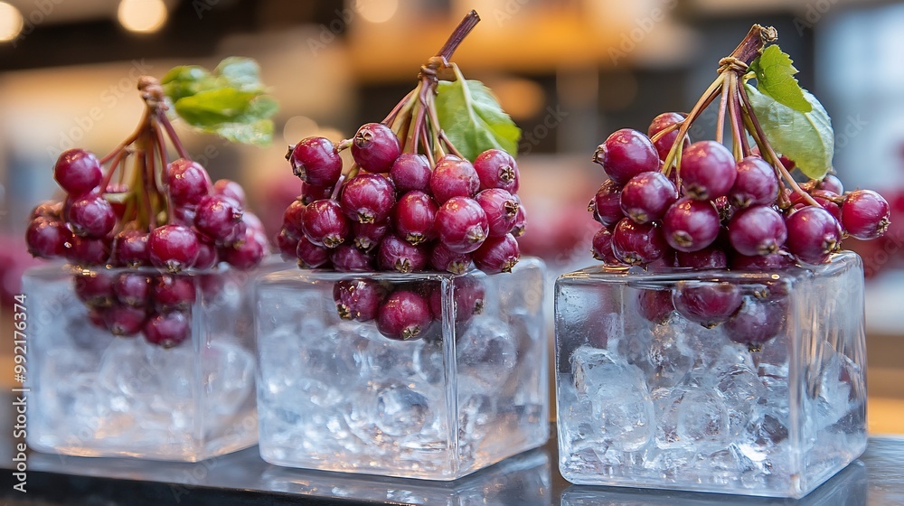 Elderberries suspended clear glass cubes part of modern art ...