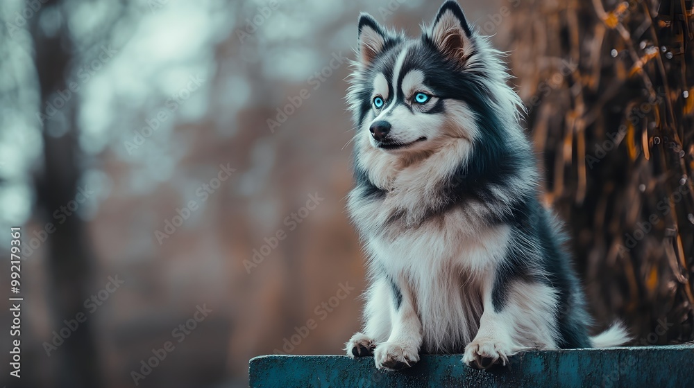 A fluffy Pomsky dog sitting gracefully on a , showcasing its striking ...