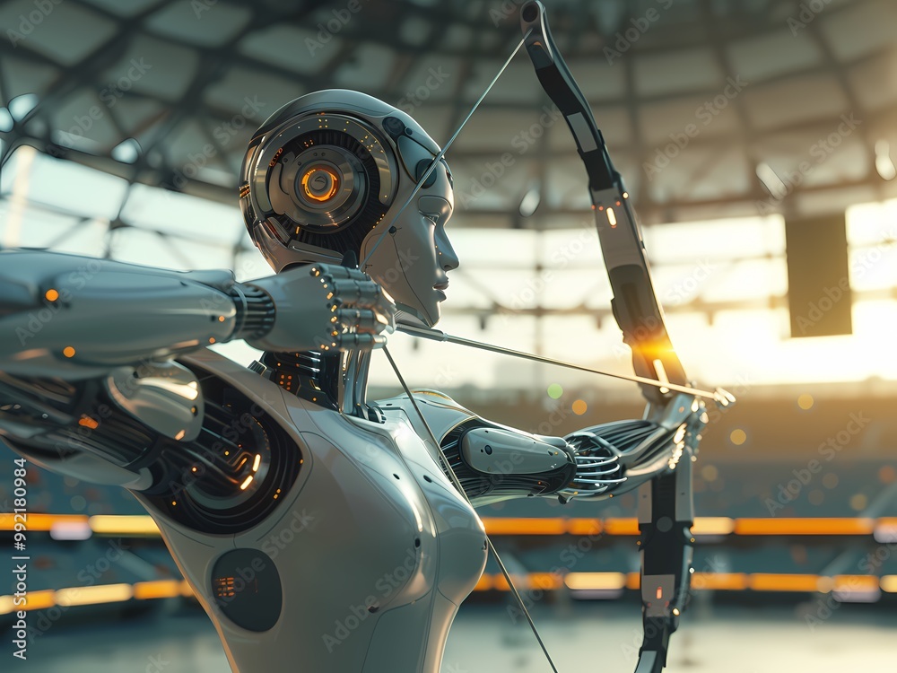 AI-Generated image of A robot is holding a bow and arrow in a stadium ...