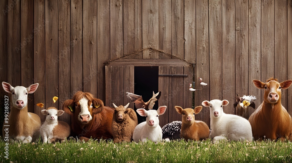 A group of farm animals gathered around a wooden barn, symbolizing ...
