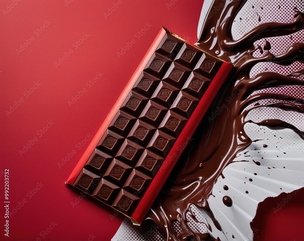 Rich dark chocolate bar placed on a vibrant red background with melted ...