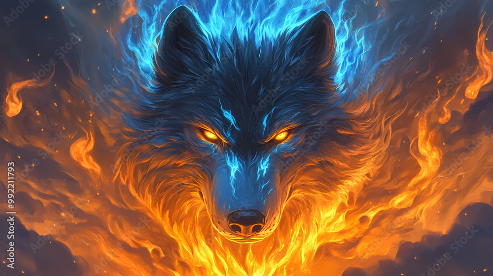 A majestic wolf fenrir with blue and orange flames for fur stands tall ...