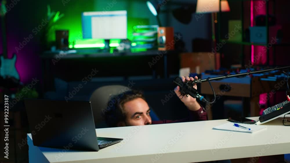 Playful internet star using microphone to shoot video, doing frantic ...