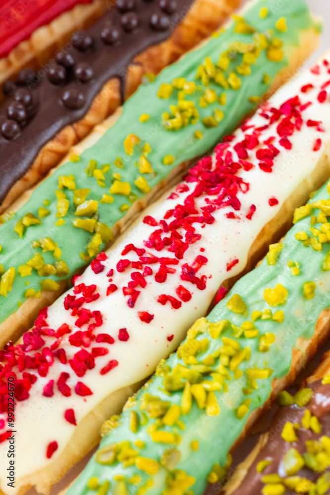 Crispy wafer tube adorned with edible embellishments.Wafer pastries ...