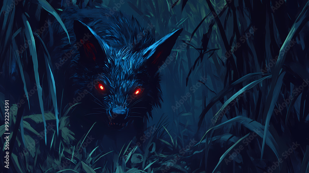 Chupacabra illustrate the mysterious chupacabra lurking in the shadows of a dense forest at ...