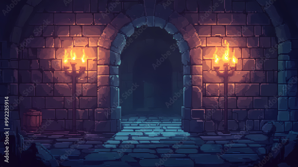 Enigmatic castle dungeon corridor with torches, concept of adventure ...