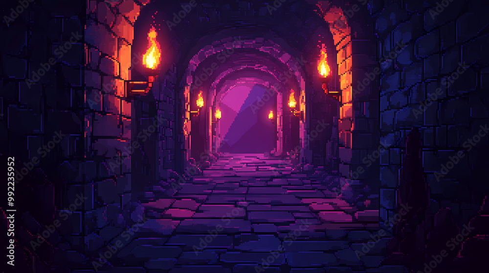 Enigmatic castle dungeon corridor with torches, concept of adventure ...