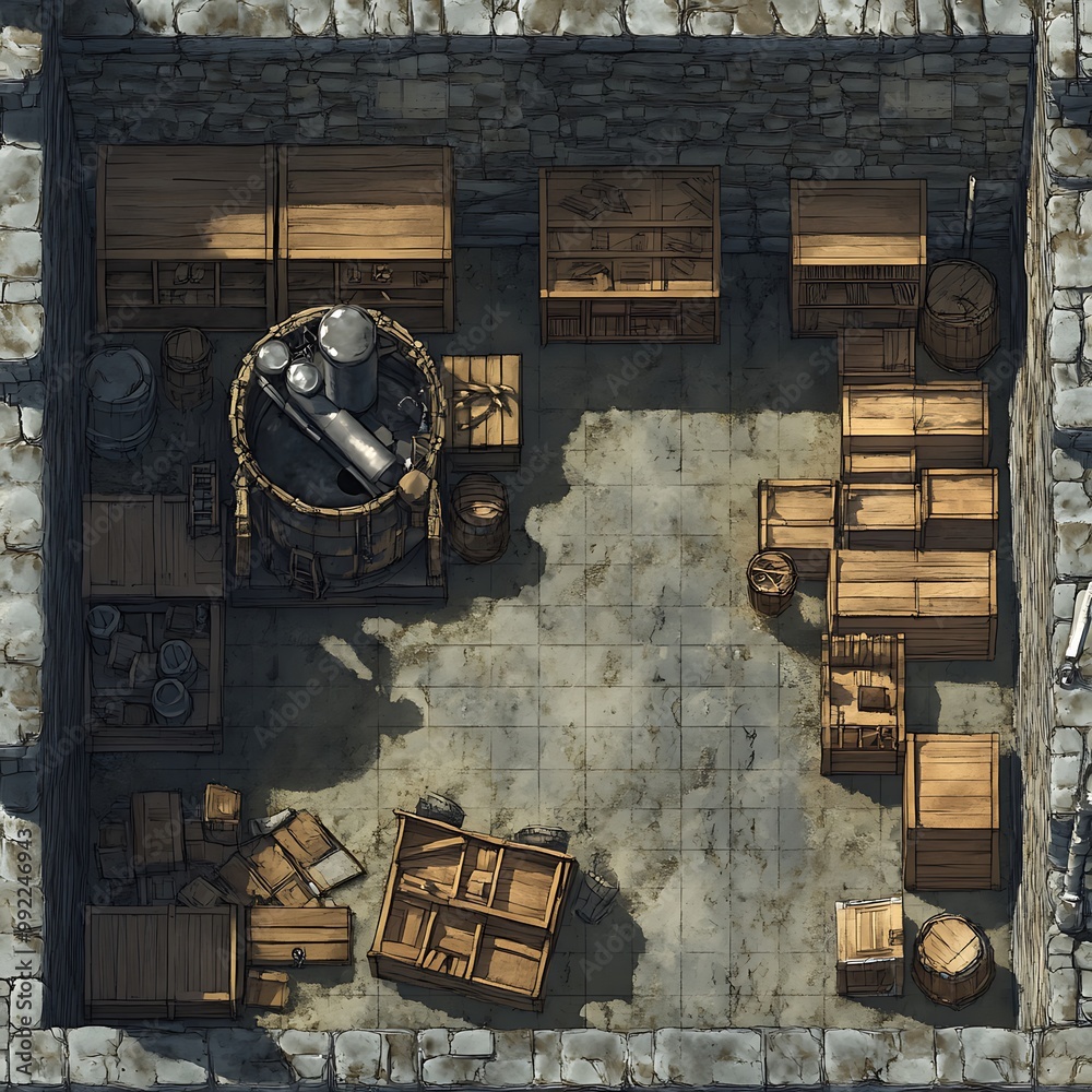 Top down view of a medieval storage room with barrels, crates, and ...
