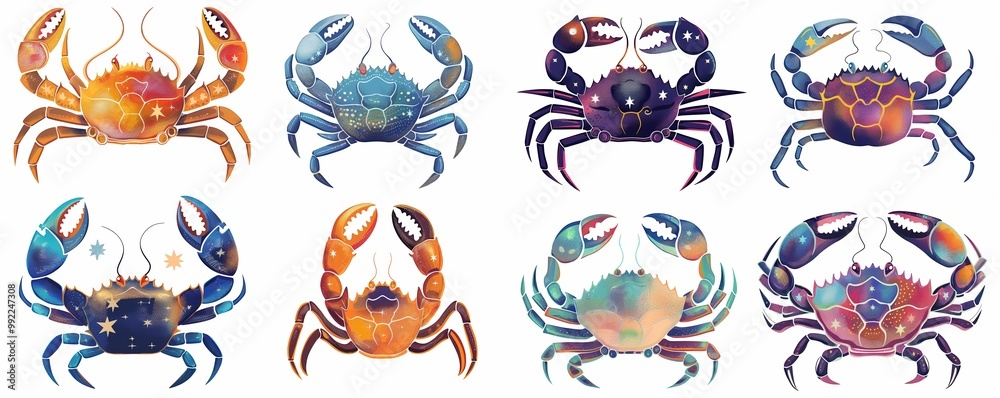 Set of colorful crabs in a row. The crabs are of different sizes and ...
