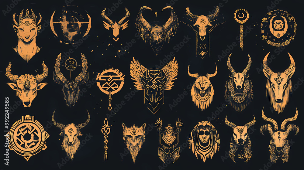 Full editable collection of norse symbols as goddess, witch, skadi, hel ...