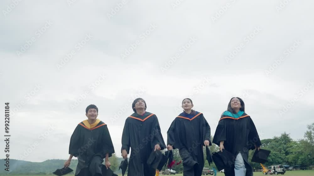 Four graduates are walking across a field, each holding a diploma ...
