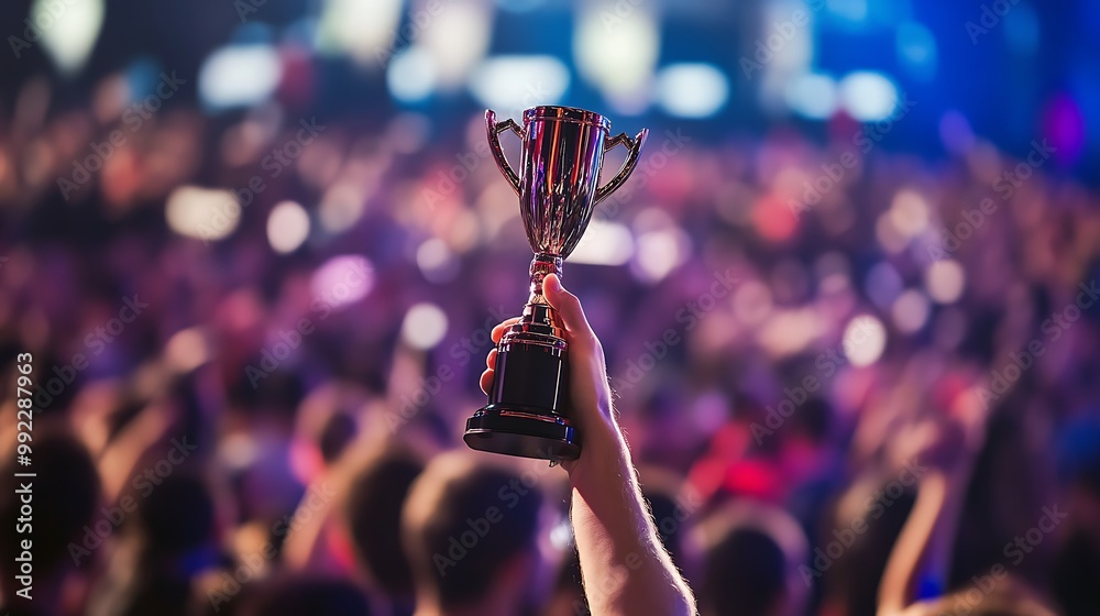 Hand Holding Silver Trophy Up Above Crowd at Award Ceremony Stock ...