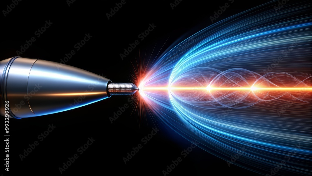 A close-up of a speeding bullet, with shockwaves radiating outward and ...