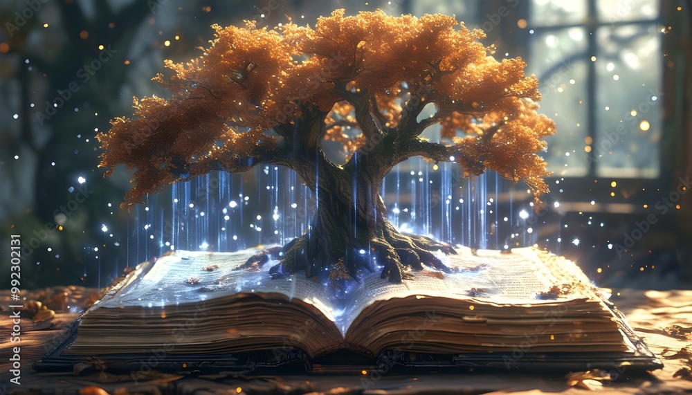 Enchanted fairytale book reveals a magical oak tree scene, illuminated ...