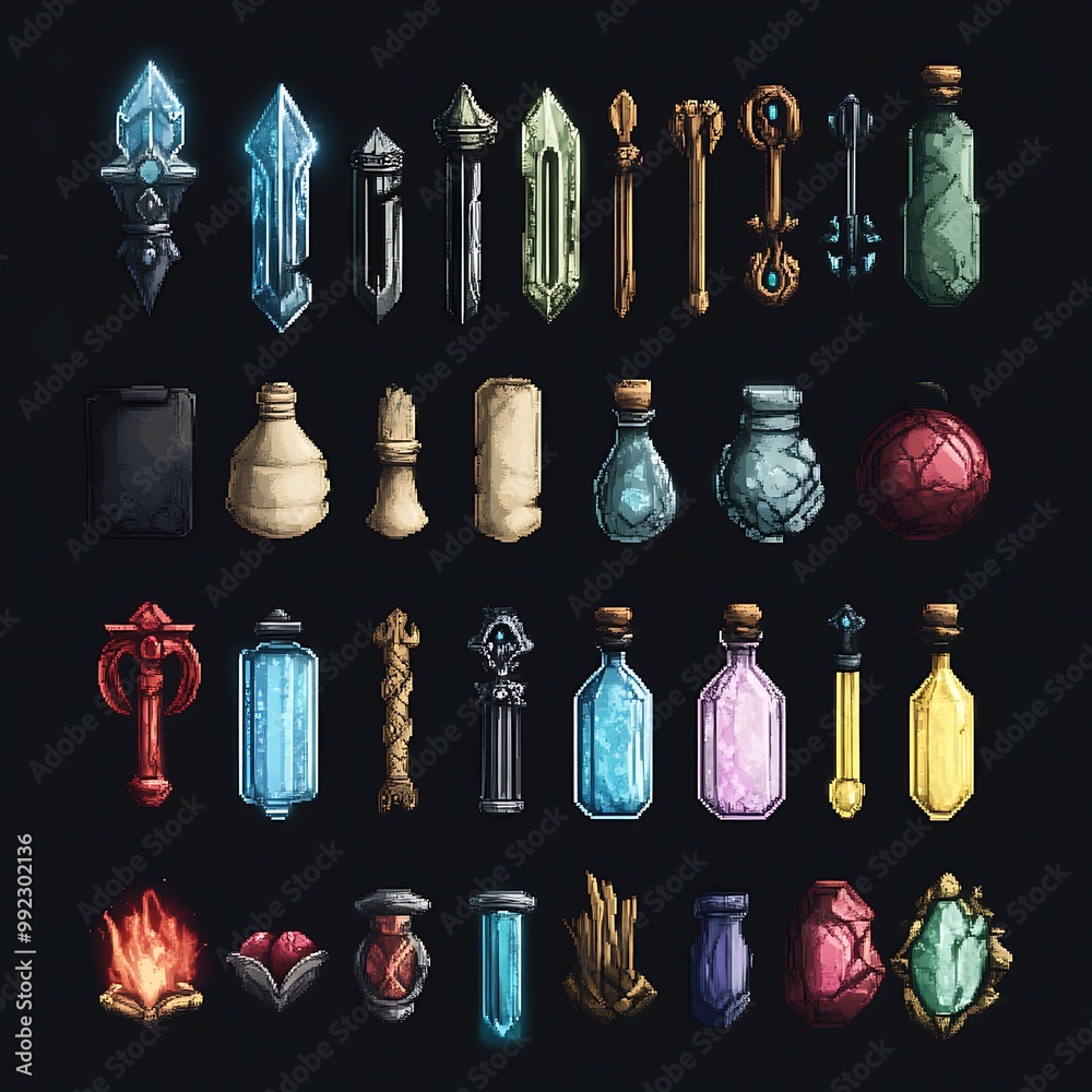 2D Pixel Art Game Assets, Fantasy Weapons, Potions, and Keys Stock ...