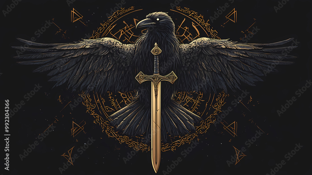 In modern illustrations pagan norse design with raven sword and runes ...