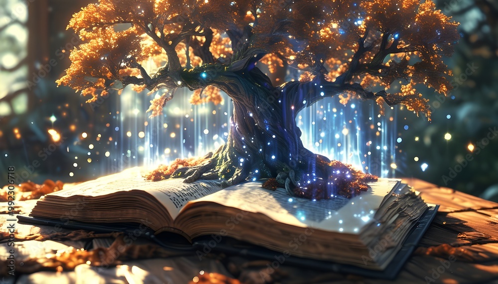 Enchanted fairytale book reveals a magical oak tree scene, illuminated ...