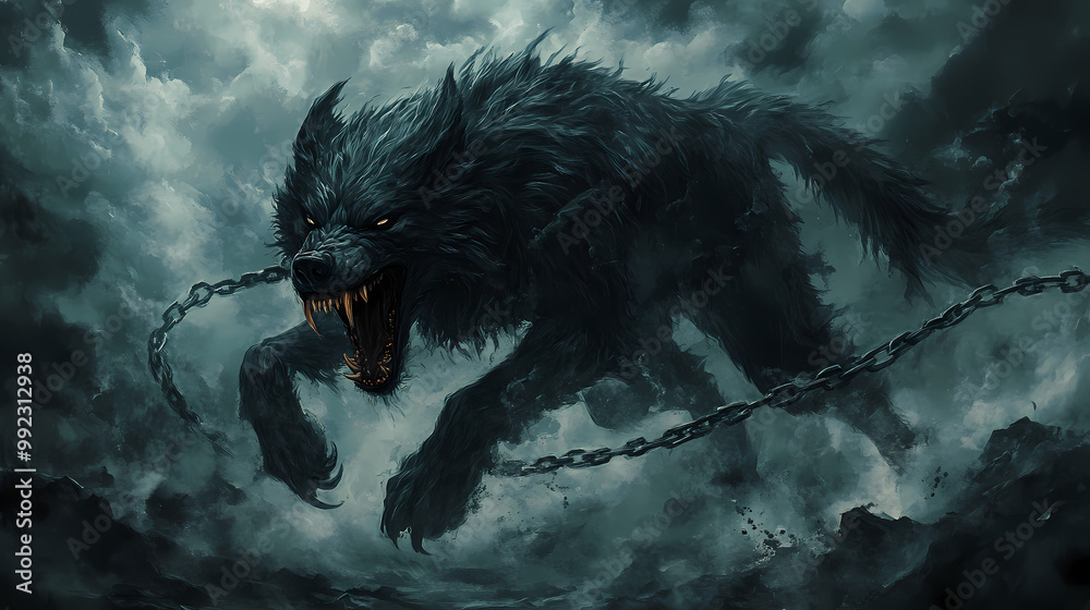 Myth of fenrir the monstrous wolf bound by the gods jaws wide open ...