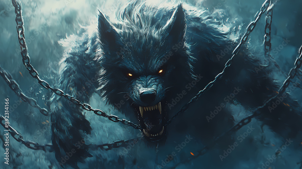 Mythical monster version. fenrir, giant wolf of norse mythology, bound ...