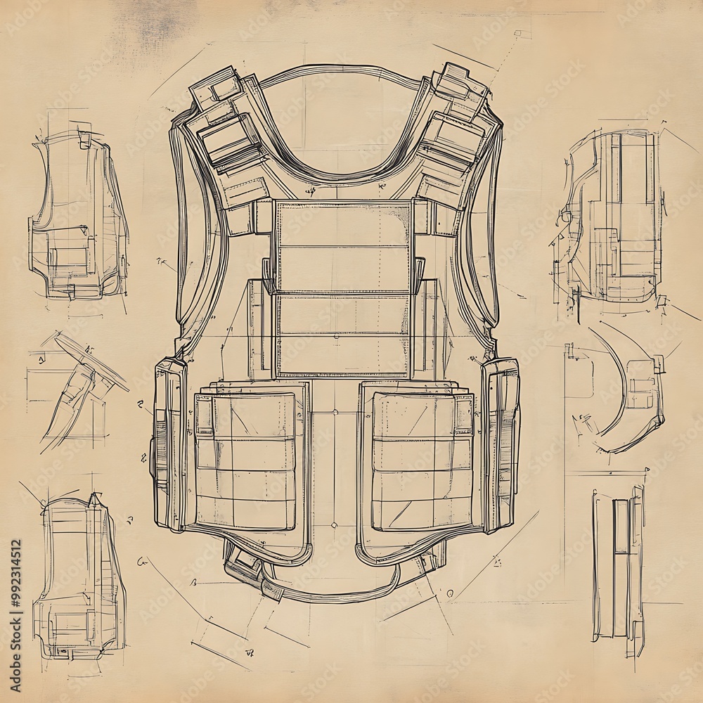 Technical drawing of a bulletproof vest with different angles on ...